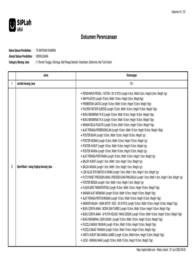 Dokumen Perencanaan Bop TK THP 1 | PDF