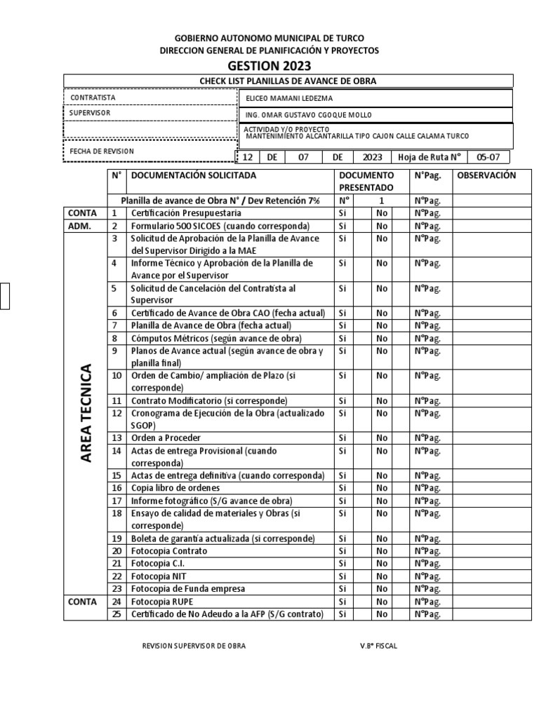 Check List Planillas de Avance de Obra | PDF