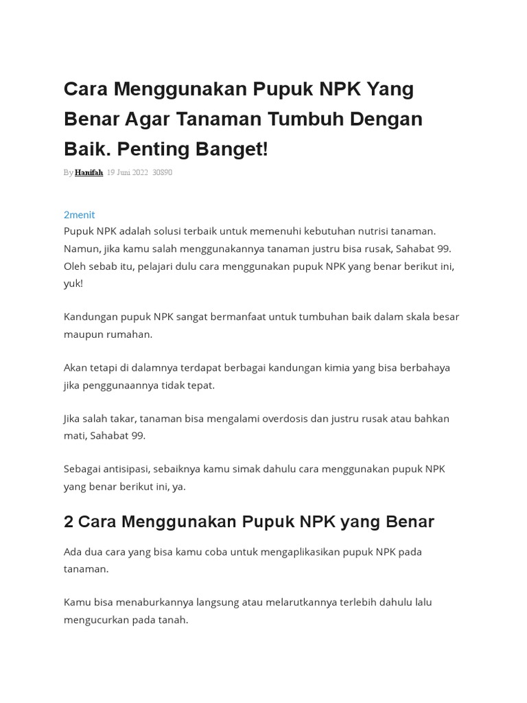 Panduan Tepat Penggunaan Pupuk NPK | PDF | Griya & Taman