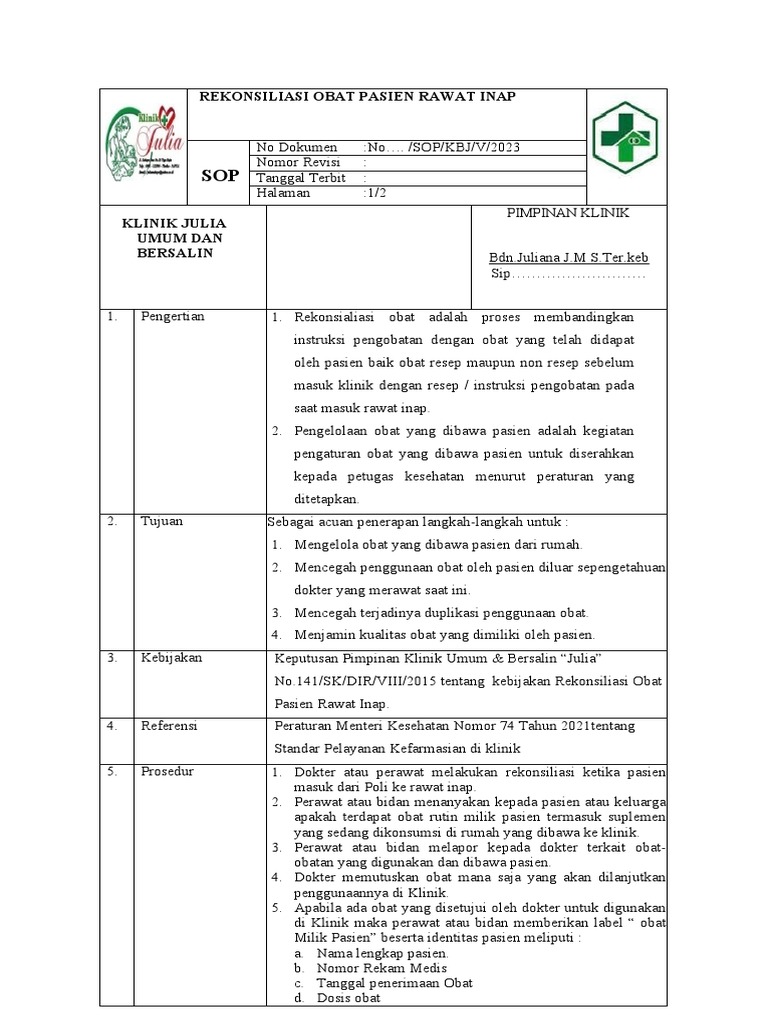 Sop Rekonsiliasi Obat Pasien Rawat Inap | PDF