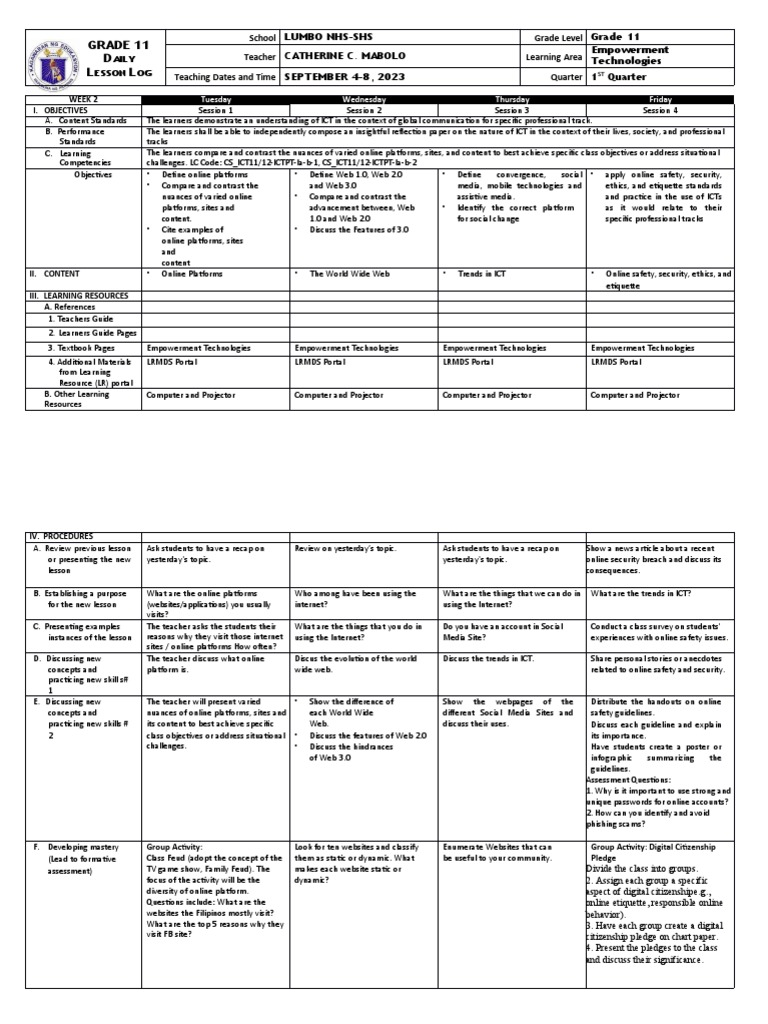 Grade 11 Empowerment Tech Lesson Plan | PDF | Educational Technology | World Wide Web