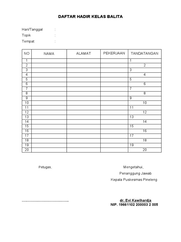 Daftar Hadir Kelas Balita | PDF
