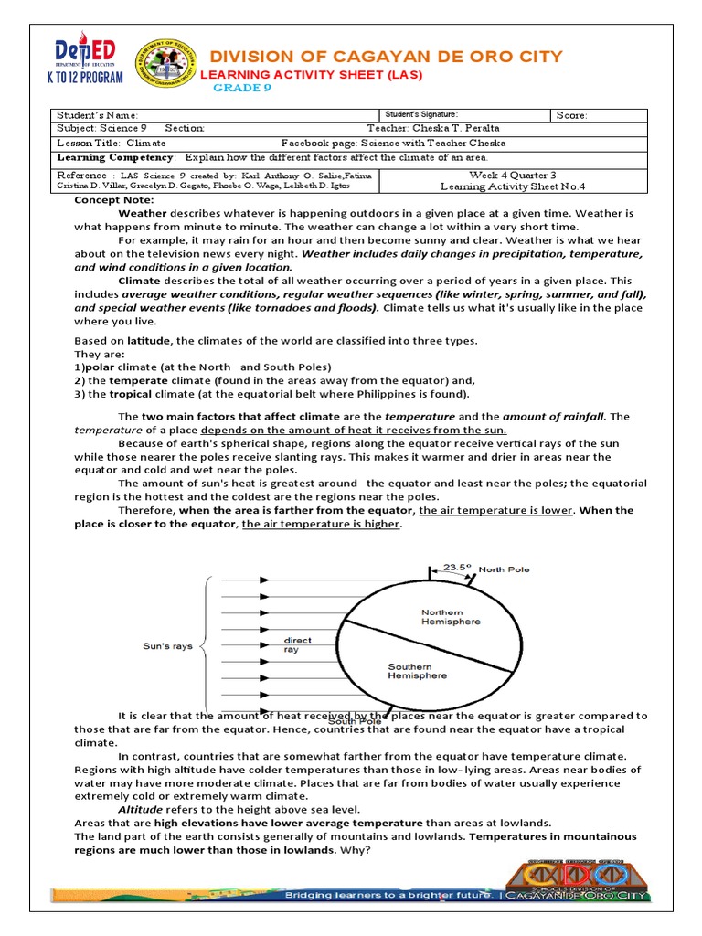 Climate Factors for Grade 9 Science | PDF | Atmosphere Of Earth | Equator