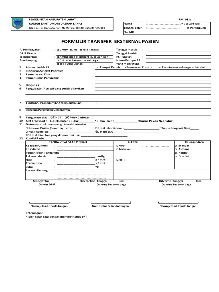 RM. 08.a - RM.08.b Form Transfer Pasien Antar Rumah Sakit Ok | PDF
