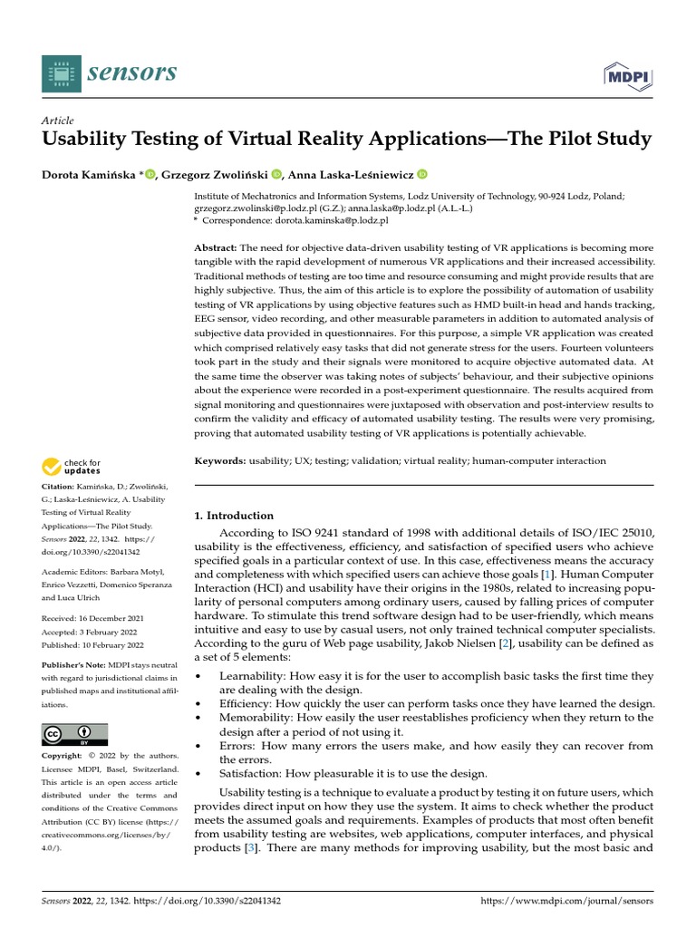 Usability Testing of Virtual Reality Applications-The Pilot Study | PDF ...