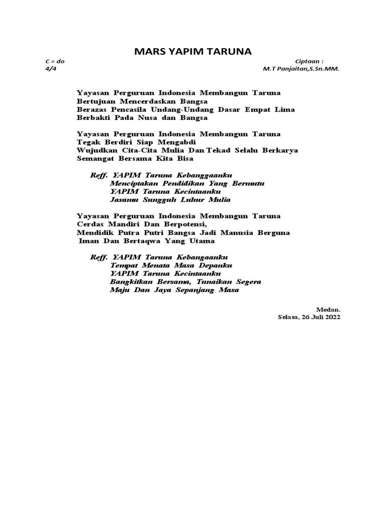Teks Lagu MARS YAPIM Taruna (Okk) | PDF