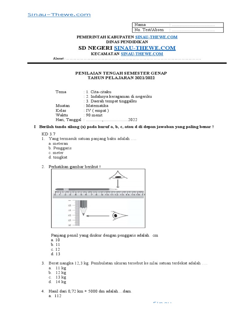 Soal PTS Kelas 4 Semester 2 Matematika Tahun 2022 | PDF