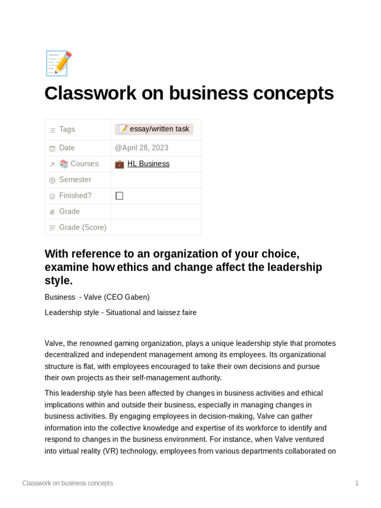 Classwork On Business Leadership Style | PDF | Leadership | Virtual Reality