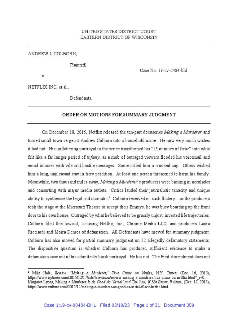 Order On Motions For Summary Judgment | PDF | Defamation | Judiciaries