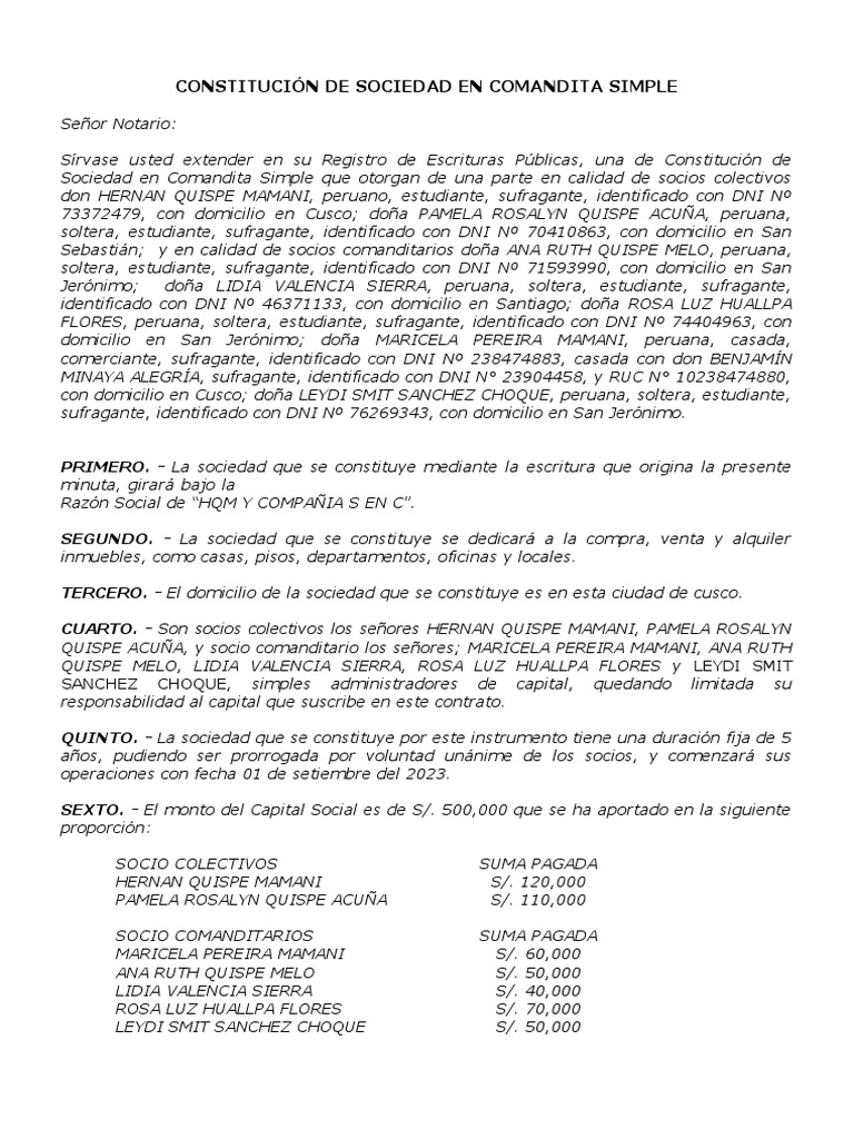 Minuta de Constitucion Empresa H&P Peru Inmobiliaria S en C + Conclusiones | PDF | Sociedad de ...