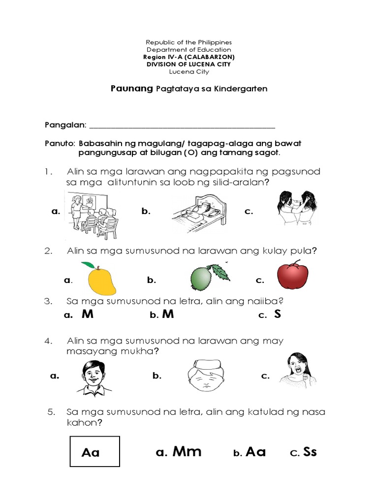 Pre Test Kinder | PDF