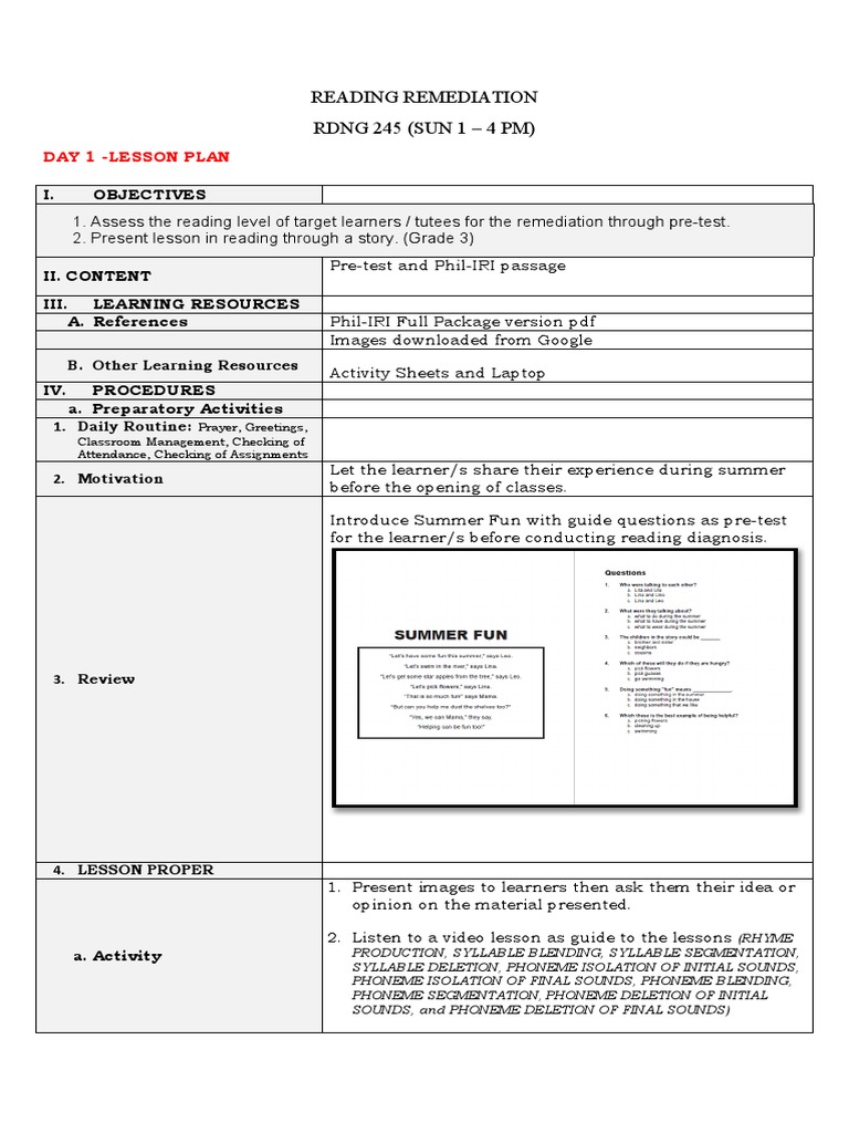 RDNG 245 - Assignment-Day 1 Lesson Plan | PDF | Learning | Cognitive ...