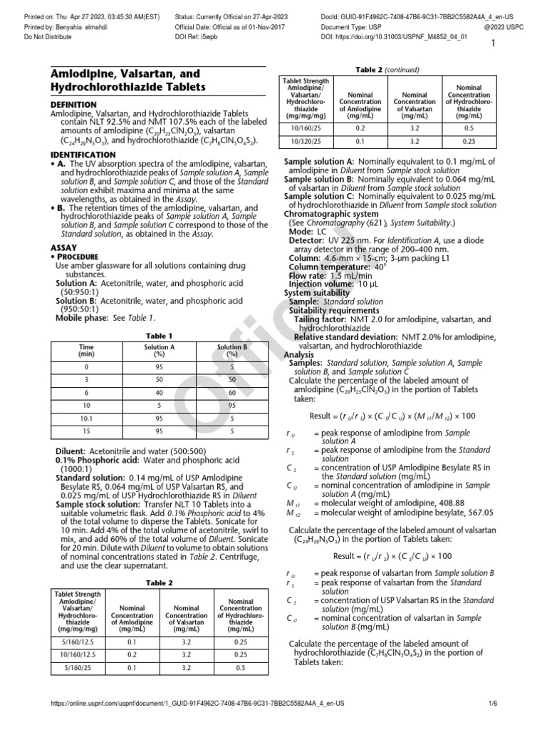 Amlodipine, Valsartan, and Hydrochlorothiazide Tablets USP | PDF | Chromatography | Buffer Solution