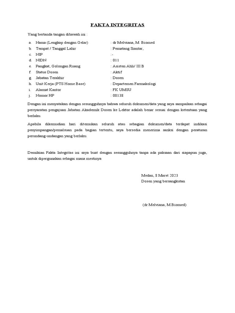 Contoh Form FAKTA INTEGRITAS Pengajuan Jabfung | PDF