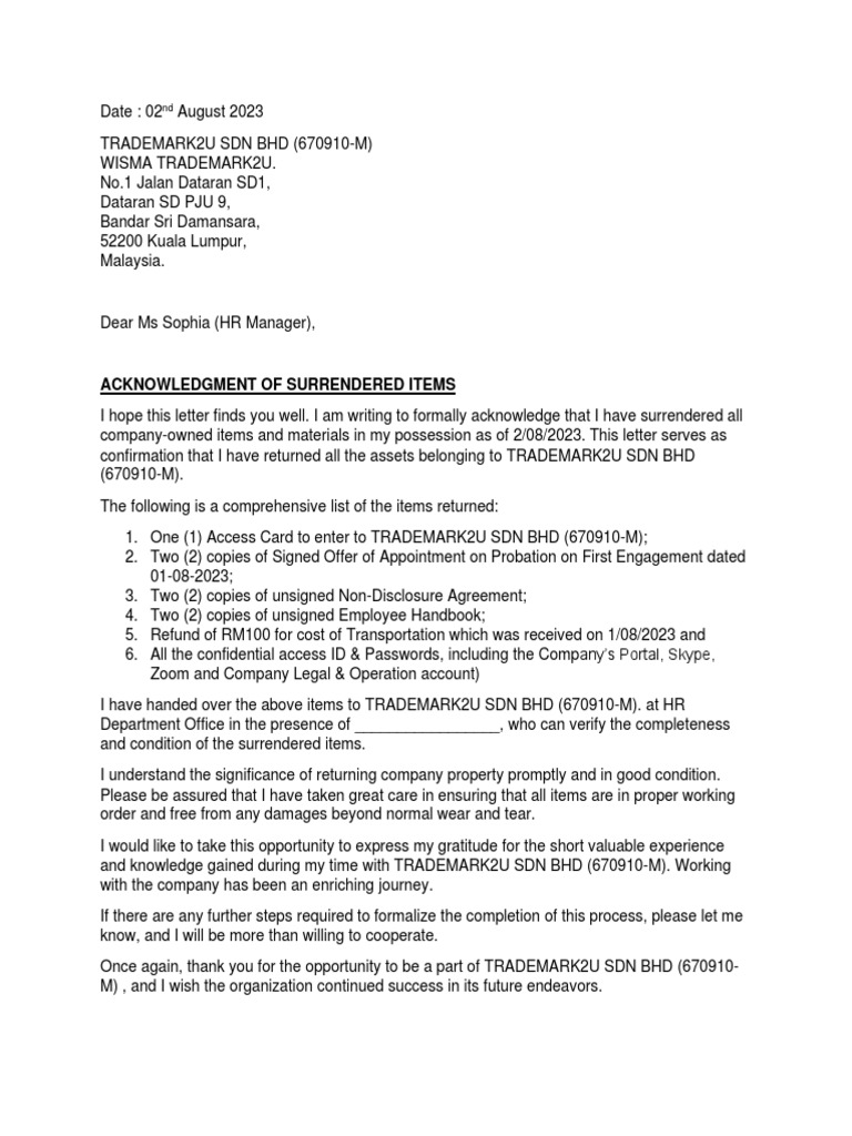 Acknowledgment of Surrendered Items | PDF