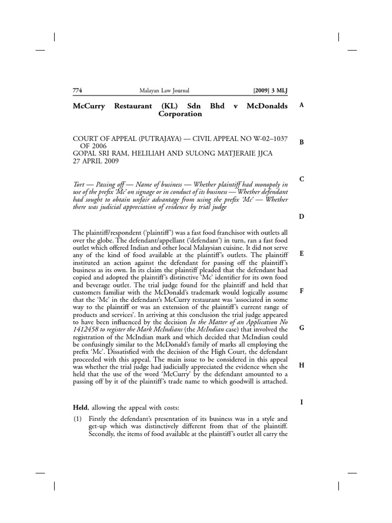 McCurry Restaurant (KL) SDN BHD V McDonalds Corporation | PDF | Tort ...