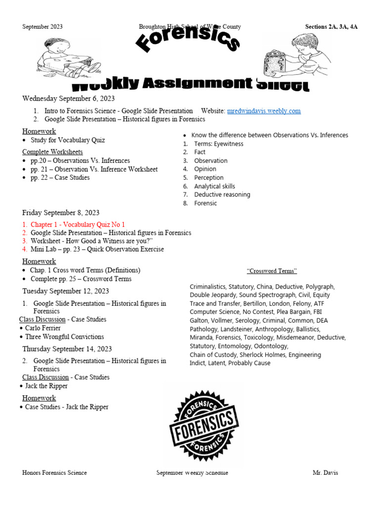 Weekly Assignment Sheets - September 2023 Sections 2a 3a 4a - Forensics ...