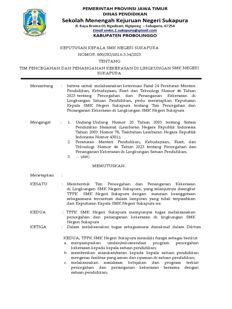 Lampiran 2 - Contoh SK Kepala Satuan Pendidikan Pembentukan TPPK | PDF