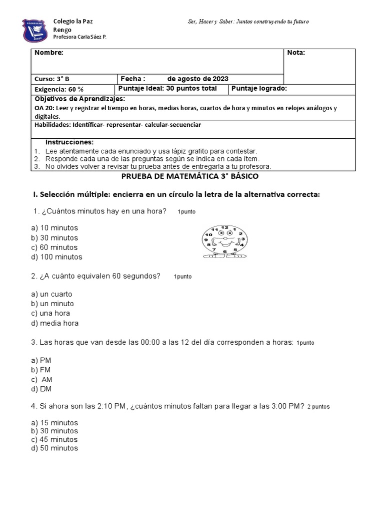 Prueba Matematica La Hora 3° | PDF | Reloj | Hora