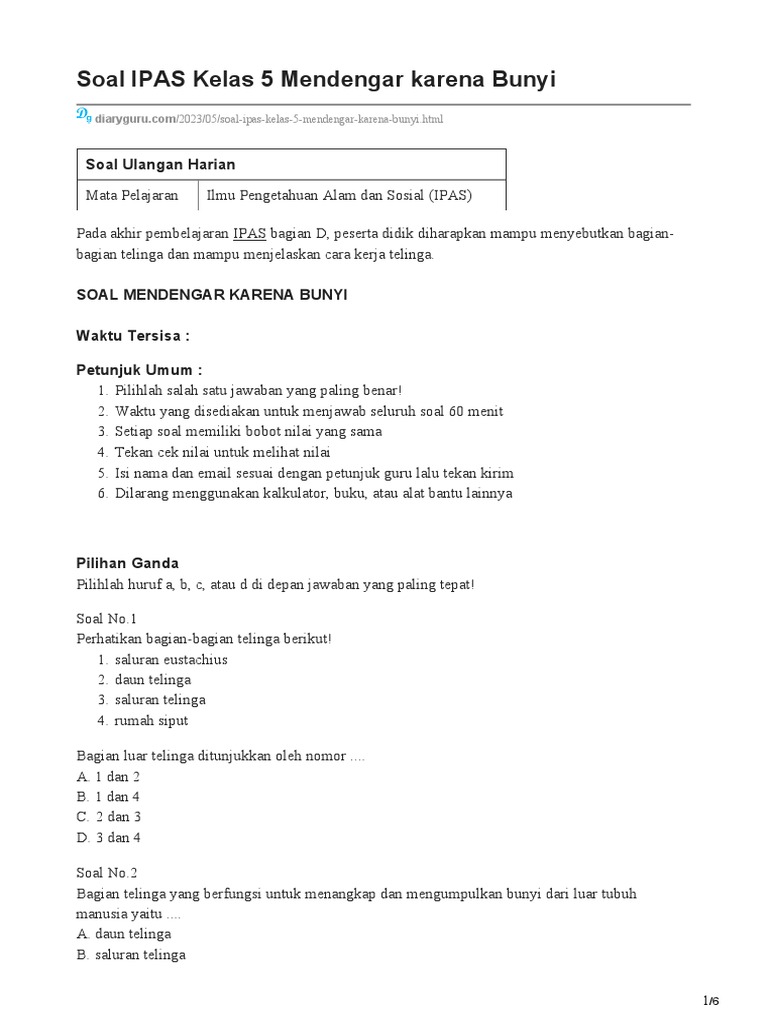 Soal IPAS Kelas 5 Mendengar Karena Bunyi | PDF
