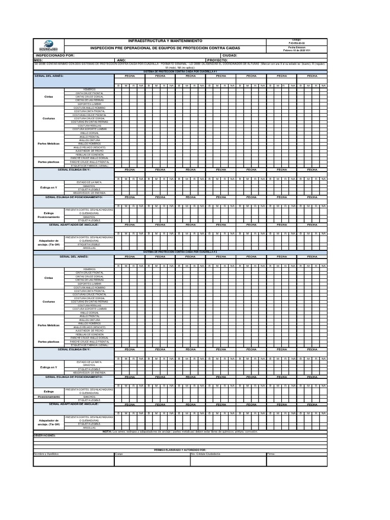 F-IO-BQ-20-02 V01 Inspección Pre Operacional Equipos Protección Contra Caídas | PDF