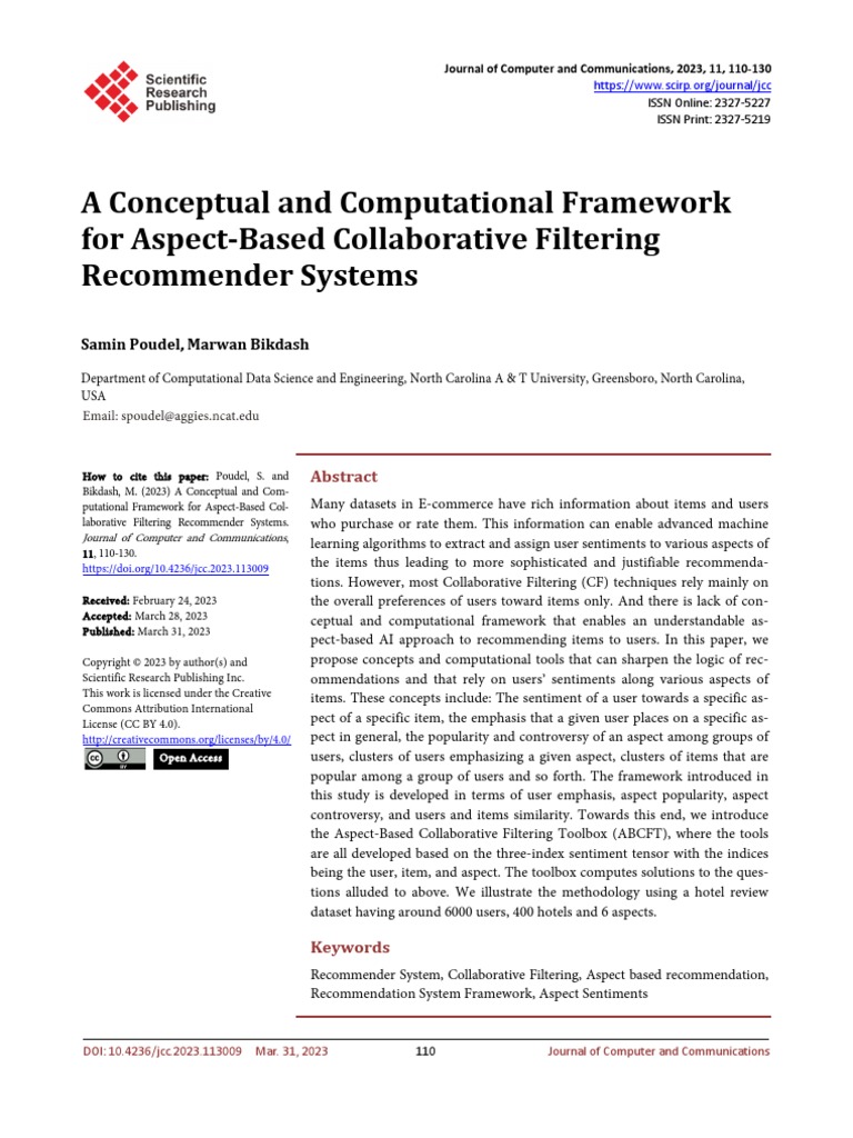 A Conceptual And Computational Framework For Aspect Based Collaborative Filtering Recommender