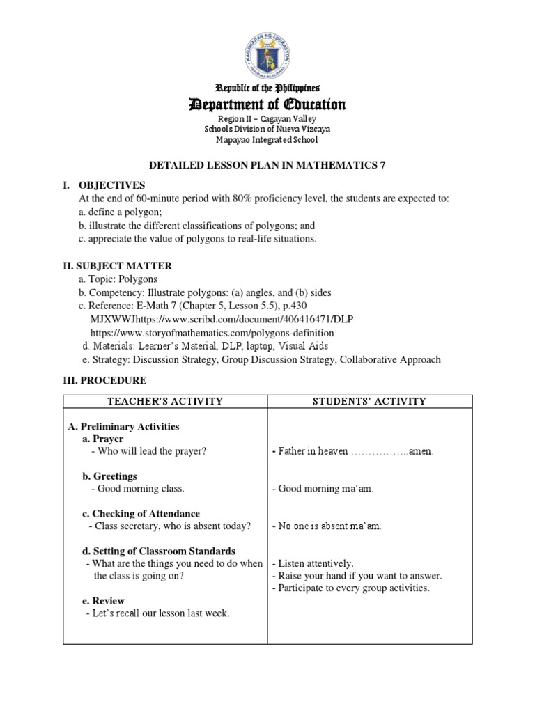 Lesson Plan in Grade 7 | PDF | Polygon | Shape