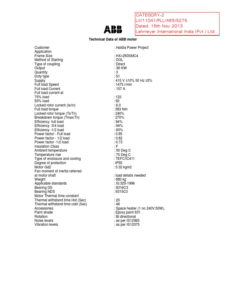 90 kW Motor Technical Specifications | PDF | Electric Motor ...