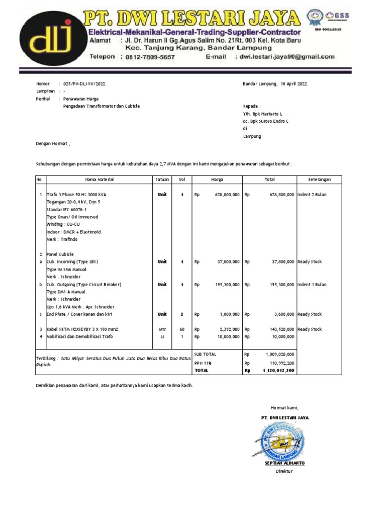 Penawaran Harga Transformator dan Cubicle | PDF
