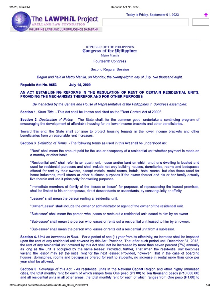 Republic Act 9653 or The Rent Control Act of 2009 | PDF