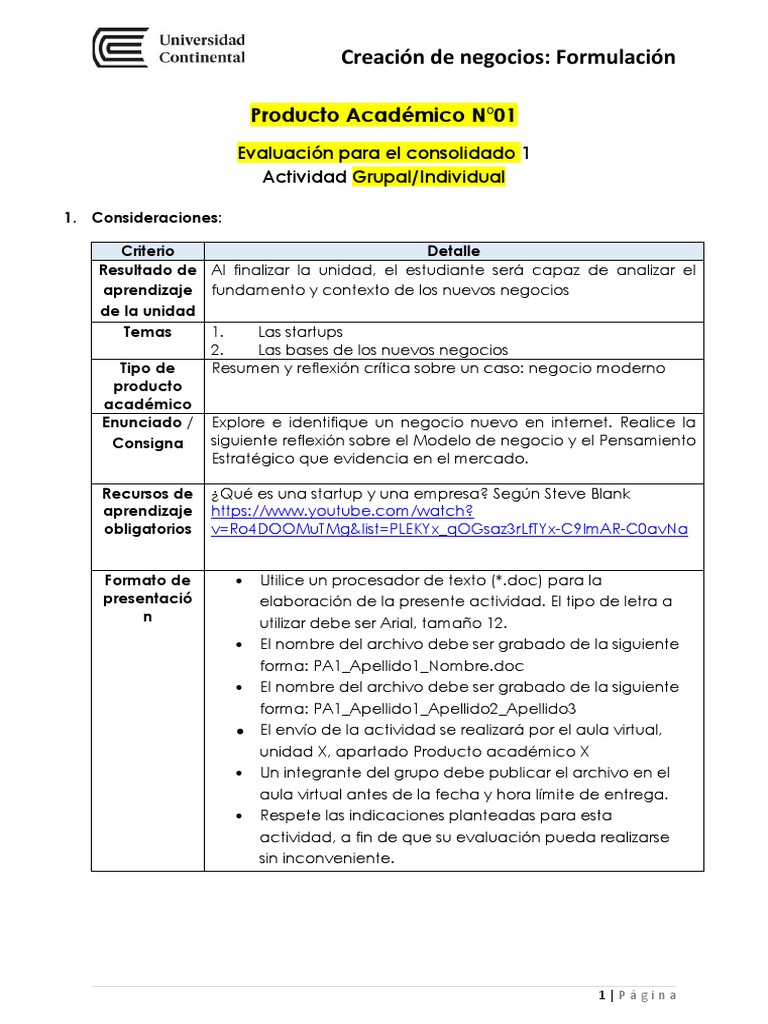 PA01-creación Negocios Form | PDF | Evaluación | Empresa de inicio