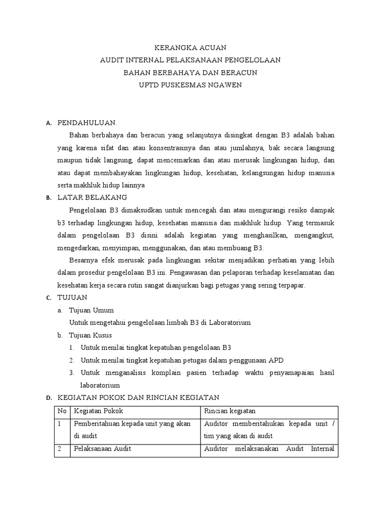 KERANGKA ACUAN Audit Laborat Pengelolaan Bahan Berbahaya Dan Beracun | PDF
