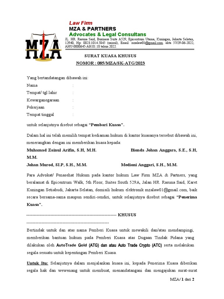 Surat Kuasa Korban Atg (Parasource) | PDF