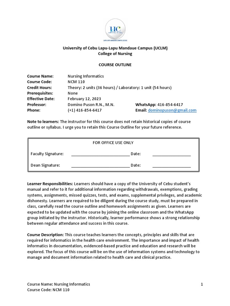NCM 110 Nursing Informatics Course Outline | PDF | Plagiarism | Nursing