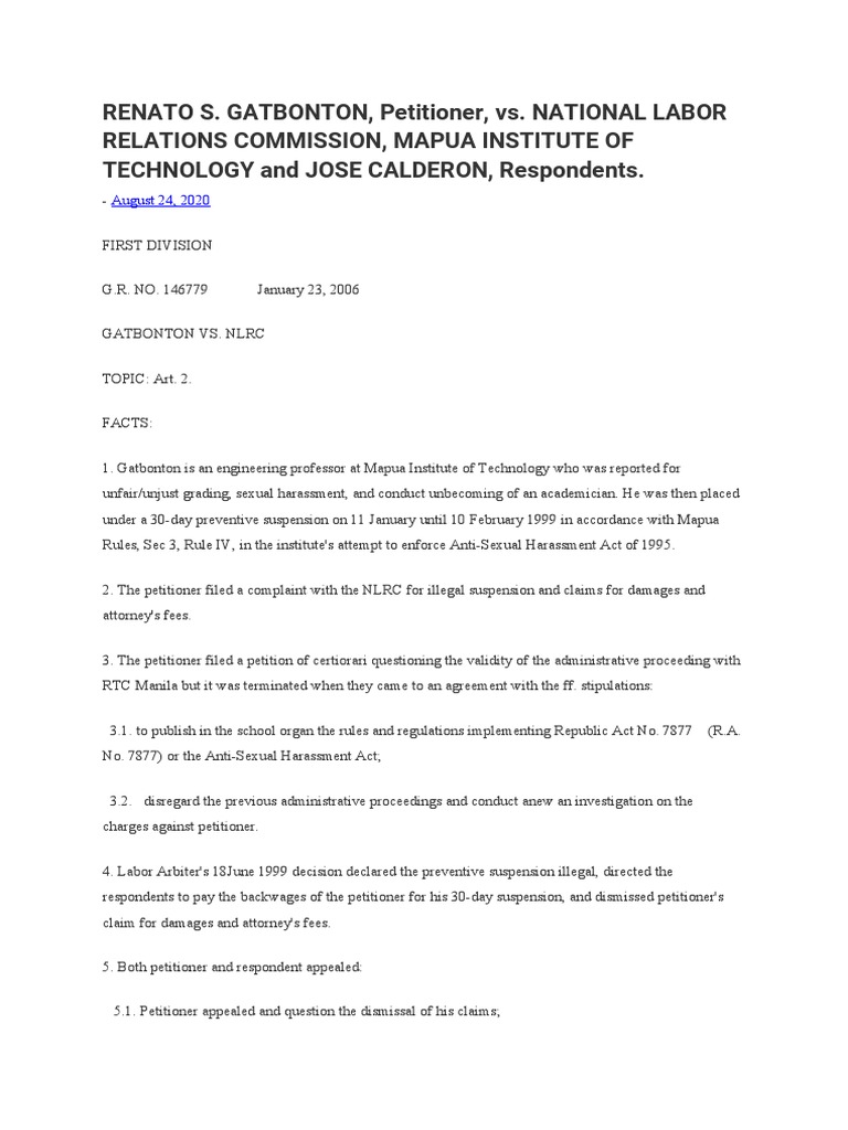LAW 3100 - Persons & Family Relations - JD 2. G.R. No.146779 - Gatbonton vs. NLRC - Case Digest ...
