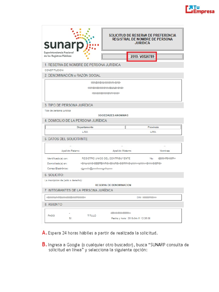 Sunarp Guia Busqueda Reserva de Nombre | PDF