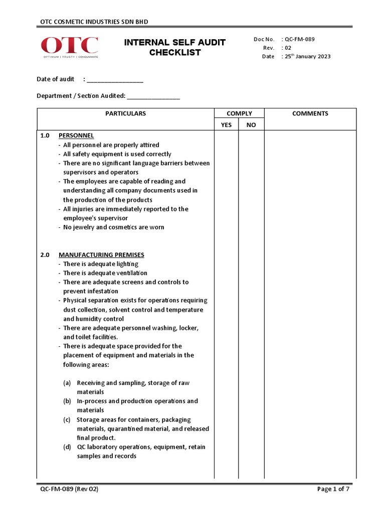 QC-FM-089-02 Internal Self Audit Checklist | PDF | Packaging And Labeling | Assay