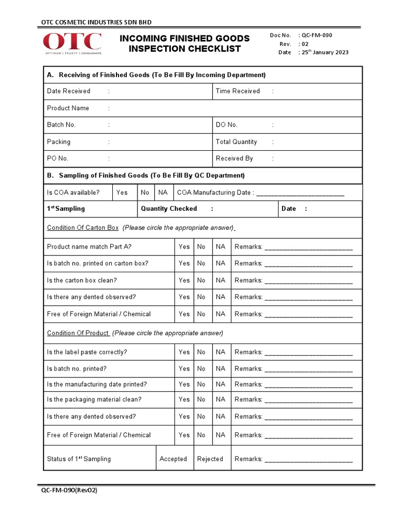 Qc-Fm-090-02-Incoming Finished Goods Inspection Checklist | PDF ... Qc-Fm-090-02-Incoming Finished Goods Inspection Checklist | PDF ...