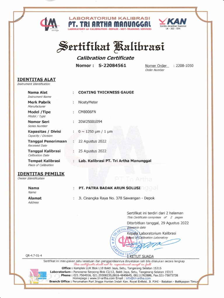 Sertifikat Peralatan | PDF