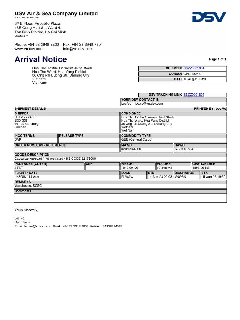 Arrival Notice - SSZZ0001834 | PDF | Consumer Goods | Transport