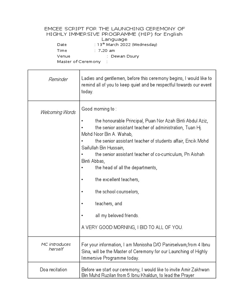 Emcee Script For The Launching Ceremony of Highly Immersive Programme ...