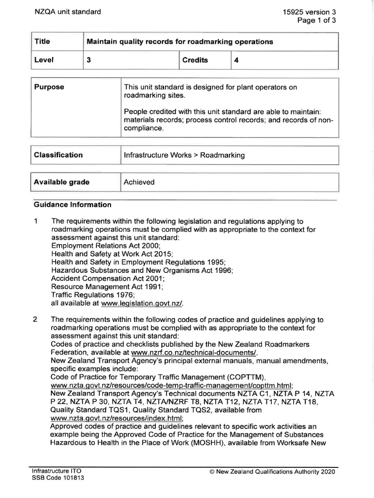 Level 3 Unit Standards Roadmarking | PDF