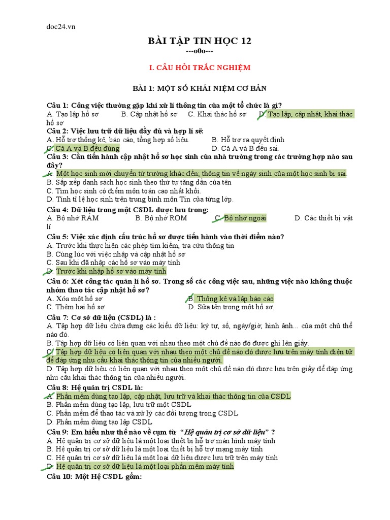 Dap An Cau Hoi Trac Nghiem Tin Hoc 12 | PDF