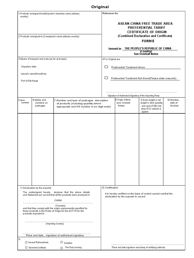 Form E: Asean-China Free Trade Area Preferential Tariff Certificate of ...