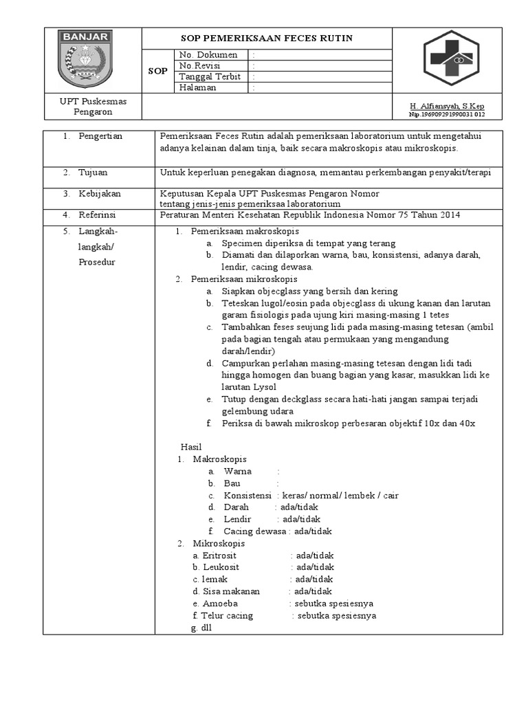 SOP PEMERIKSAAN Feses Rutin | PDF