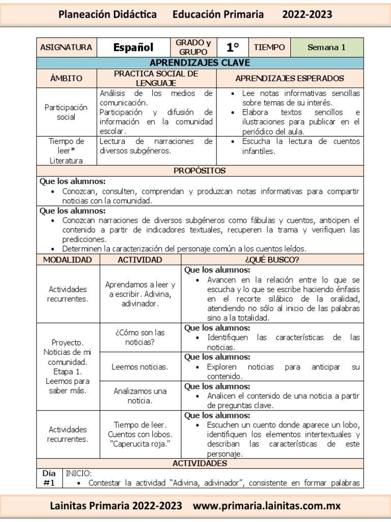 Marzo - 1er Grado Español (2022-2023) | PDF | Educación primaria ...