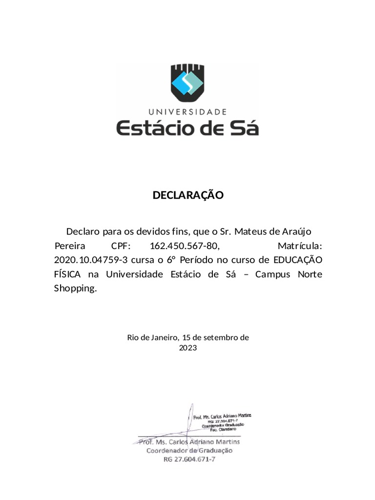 Declaração Estácio | PDF