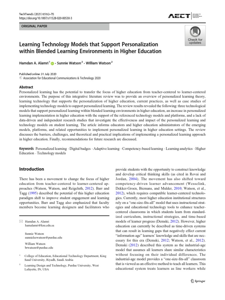 Learning Technology Models That Support Personalization Within Blended Learning Environments in ...