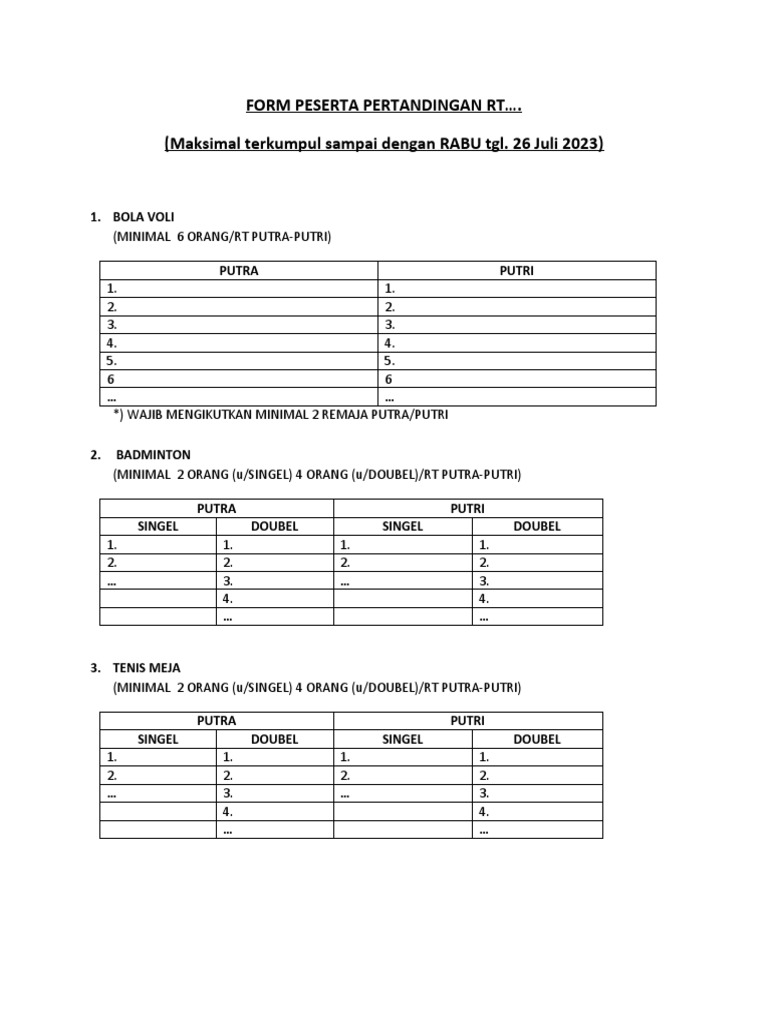 Form Peserta Pertandingan RT | PDF