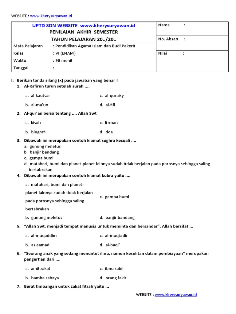 Soal & Jawaban PAS PAI Kelas 6 - WEBSITE WWW - Kherysuryawan.id | PDF | Kajian Bahasa Asing ...